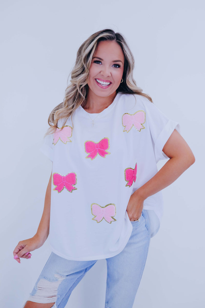 Pinky Bow Patch Oversized Top – Whiskey Darling Boutique