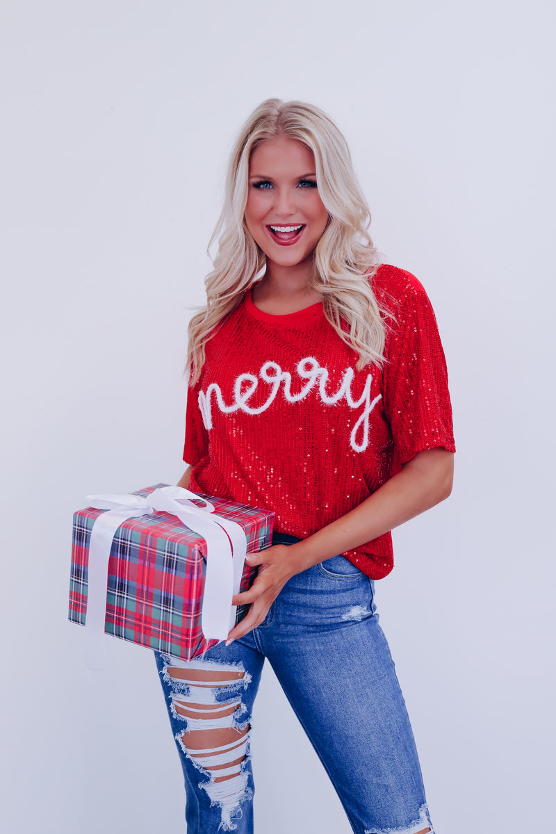 Sparkling Sequin "Merry" Tinsel Top - White – Whiskey Darling Boutique