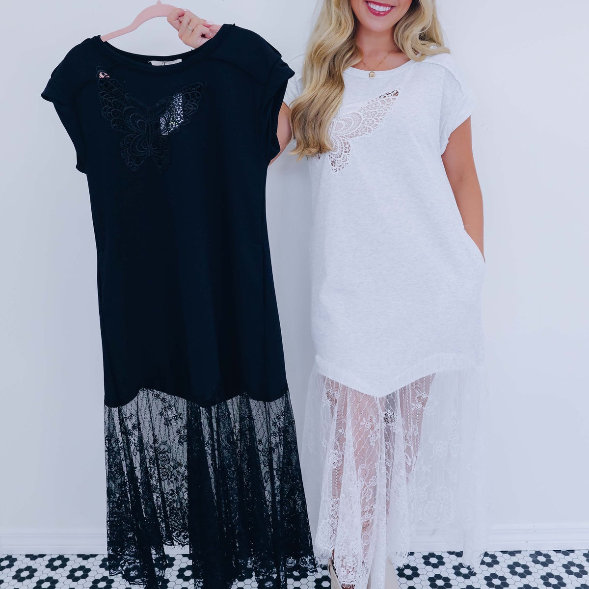 Monarch Lace Hem T-Shirt Dress - 2 Colors – Whiskey Darling Boutique