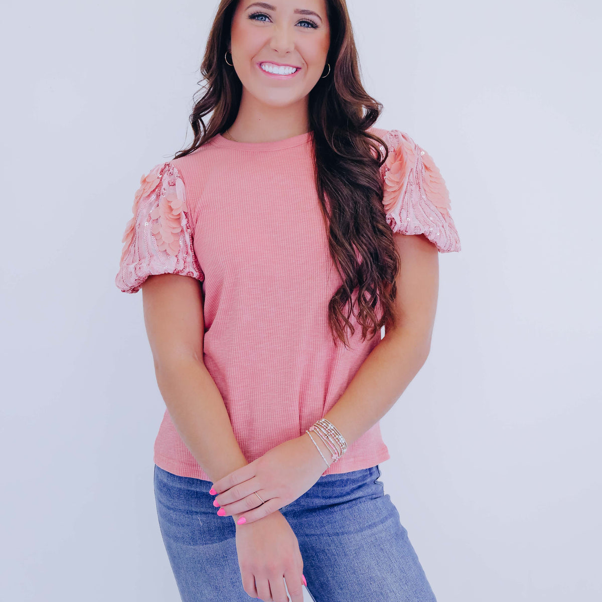 Darci Disc Sequin Puff Sleeve Top - Blush – Whiskey Darling Boutique