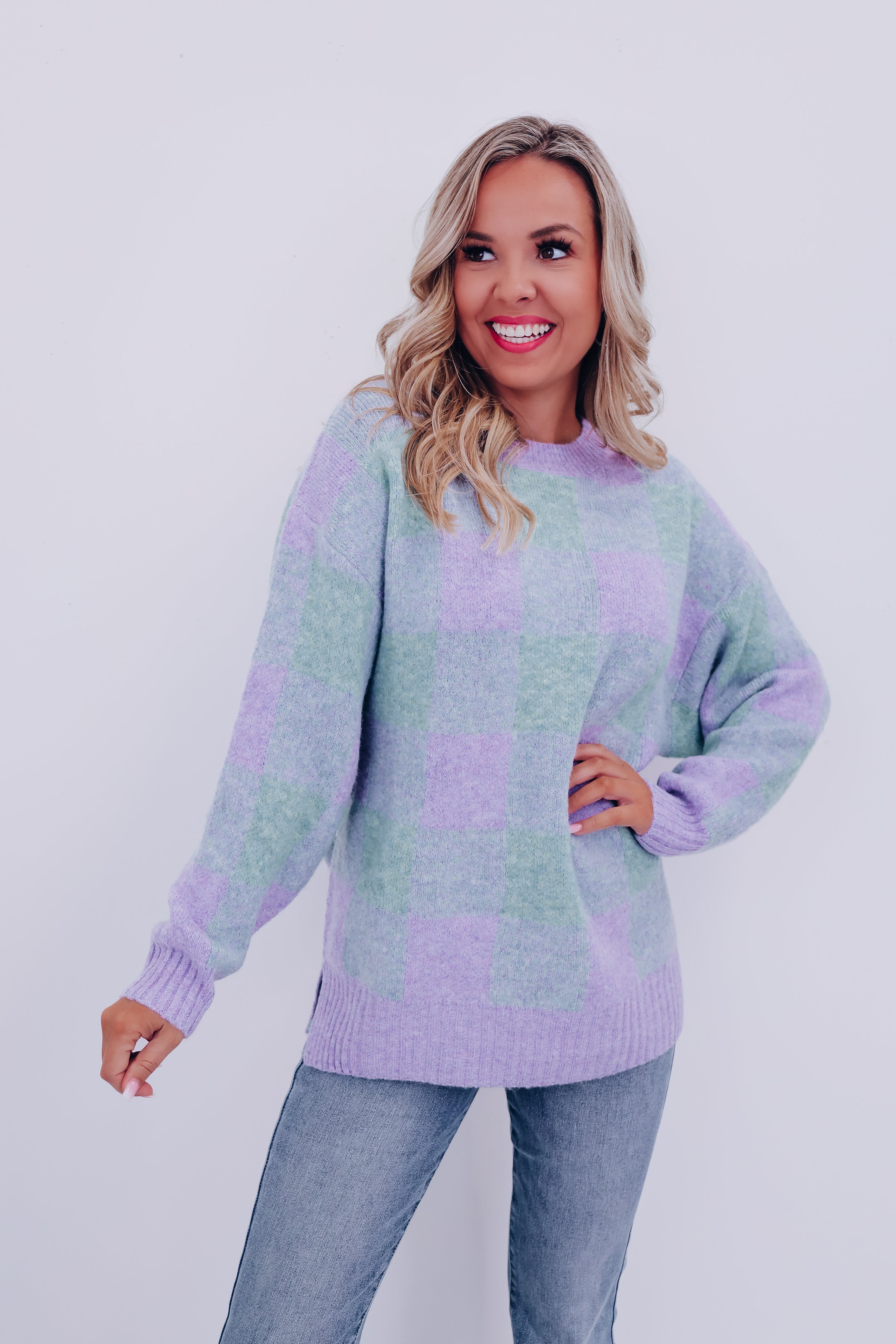 Fergie Fuzzy Checkered Sweater - Sage/Blue – Whiskey Darling Boutique