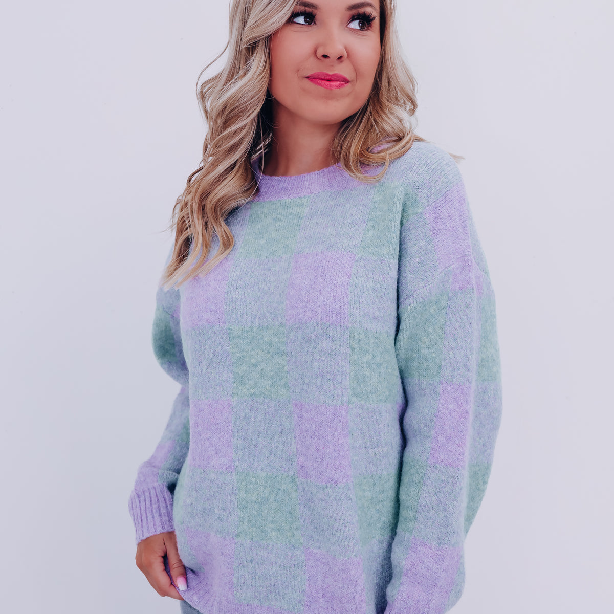 Fergie Fuzzy Checkered Sweater - Sage/Blue – Whiskey Darling Boutique