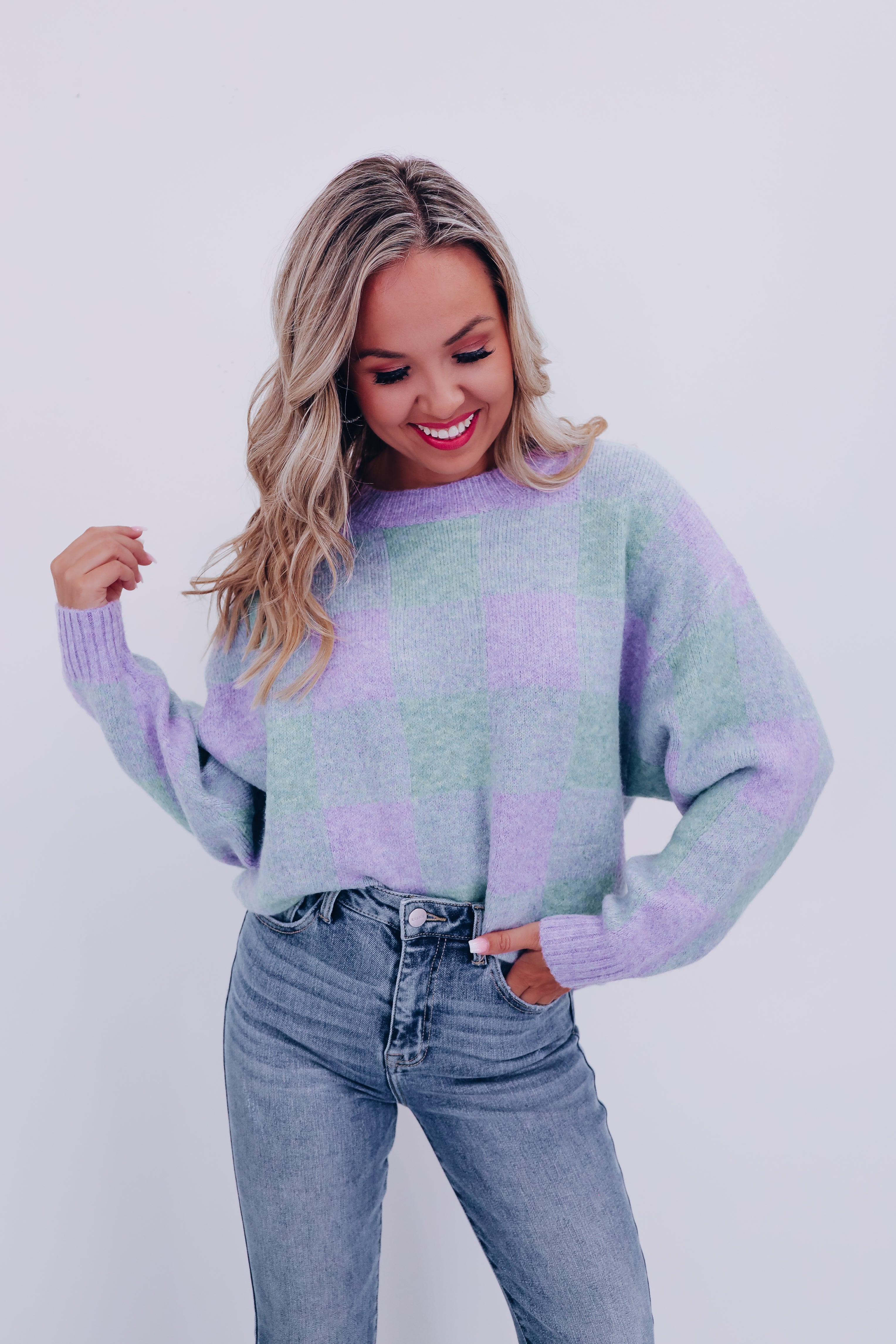 Fergie Fuzzy Checkered Sweater - Sage/Blue – Whiskey Darling Boutique