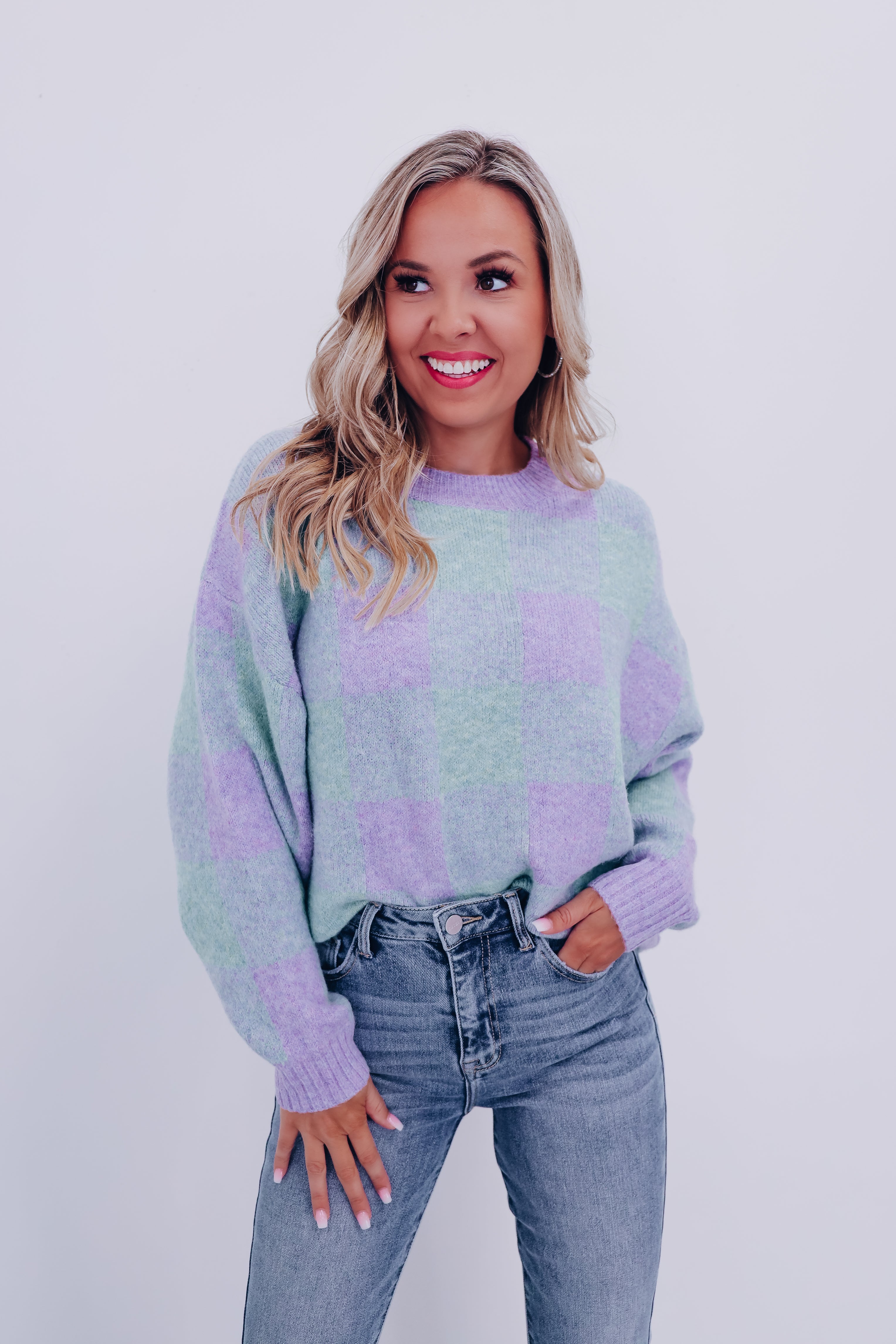 Fergie Fuzzy Checkered Sweater - Sage/Blue – Whiskey Darling Boutique