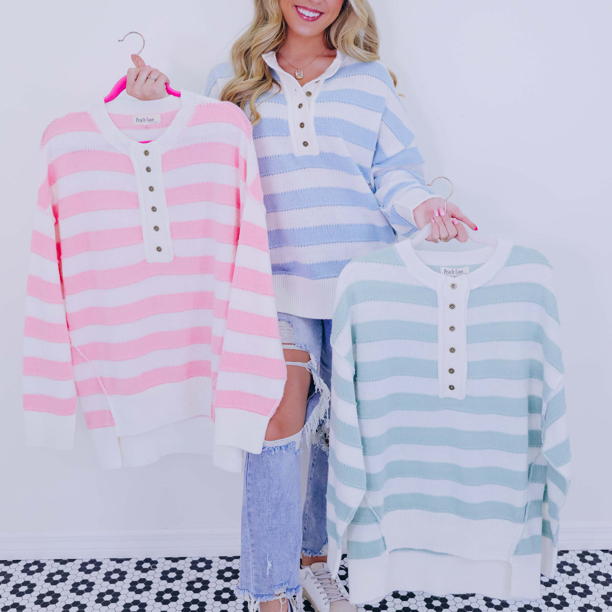 Huggable Henley Striped Sweater - 4 Colors – Whiskey Darling Boutique