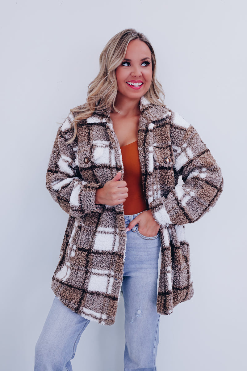 Teddy Plaid Sherpa Shacket - Brown – Whiskey Darling Boutique