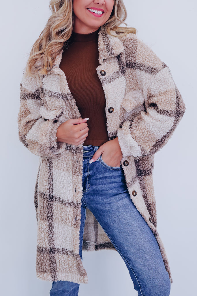 Teddy Long Line Plaid Sherpa Shacket - Mocha – Whiskey Darling Boutique
