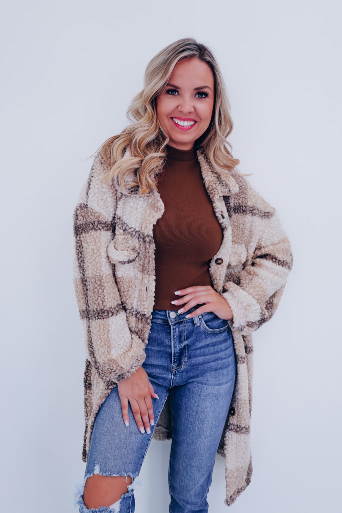 Teddy Long Line Plaid Sherpa Shacket - Mocha – Whiskey Darling Boutique