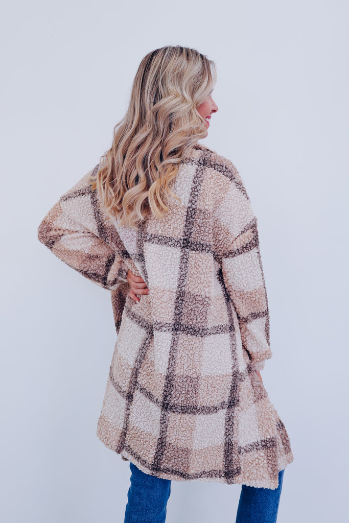 Teddy Long Line Plaid Sherpa Shacket - Mocha – Whiskey Darling Boutique