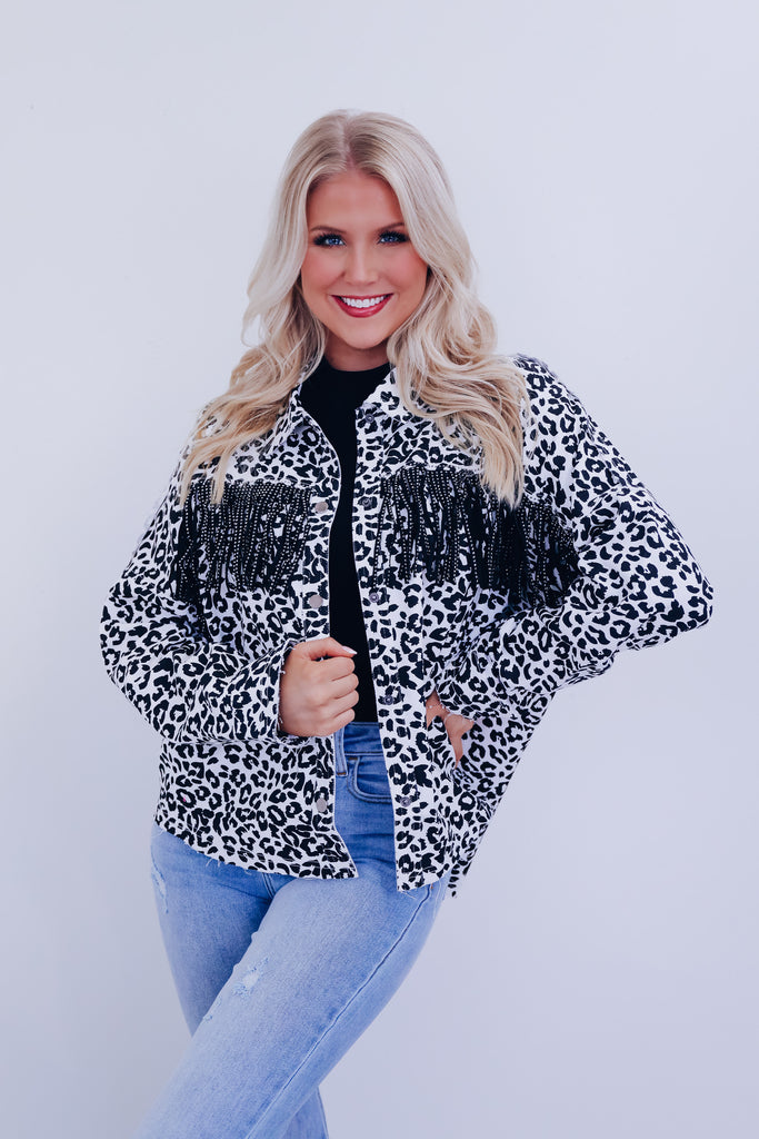 Lawson Leopard Print Fringe Shacket - White – Whiskey Darling Boutique