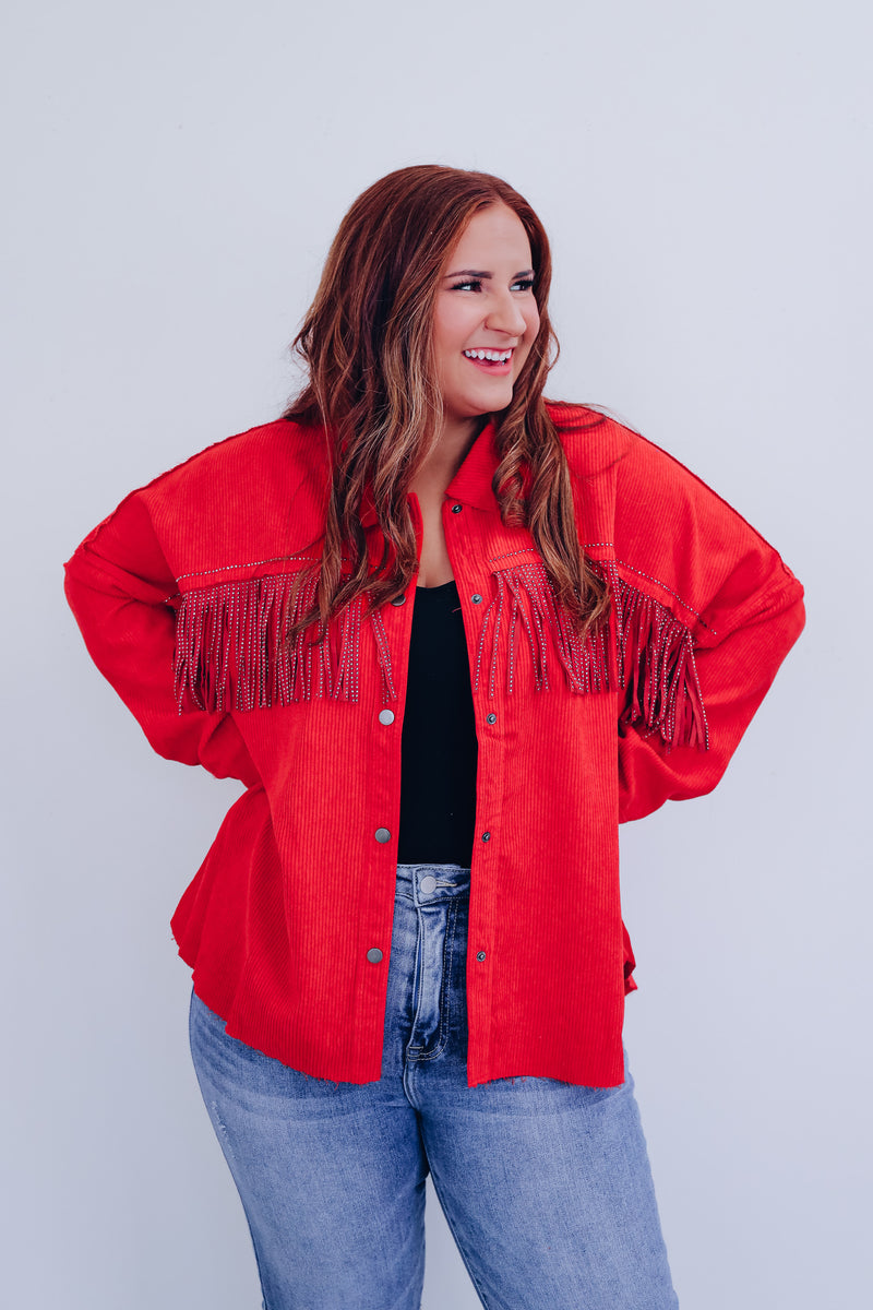 Maggie Micro Corduroy Fringe Shacket - Red – Whiskey Darling Boutique