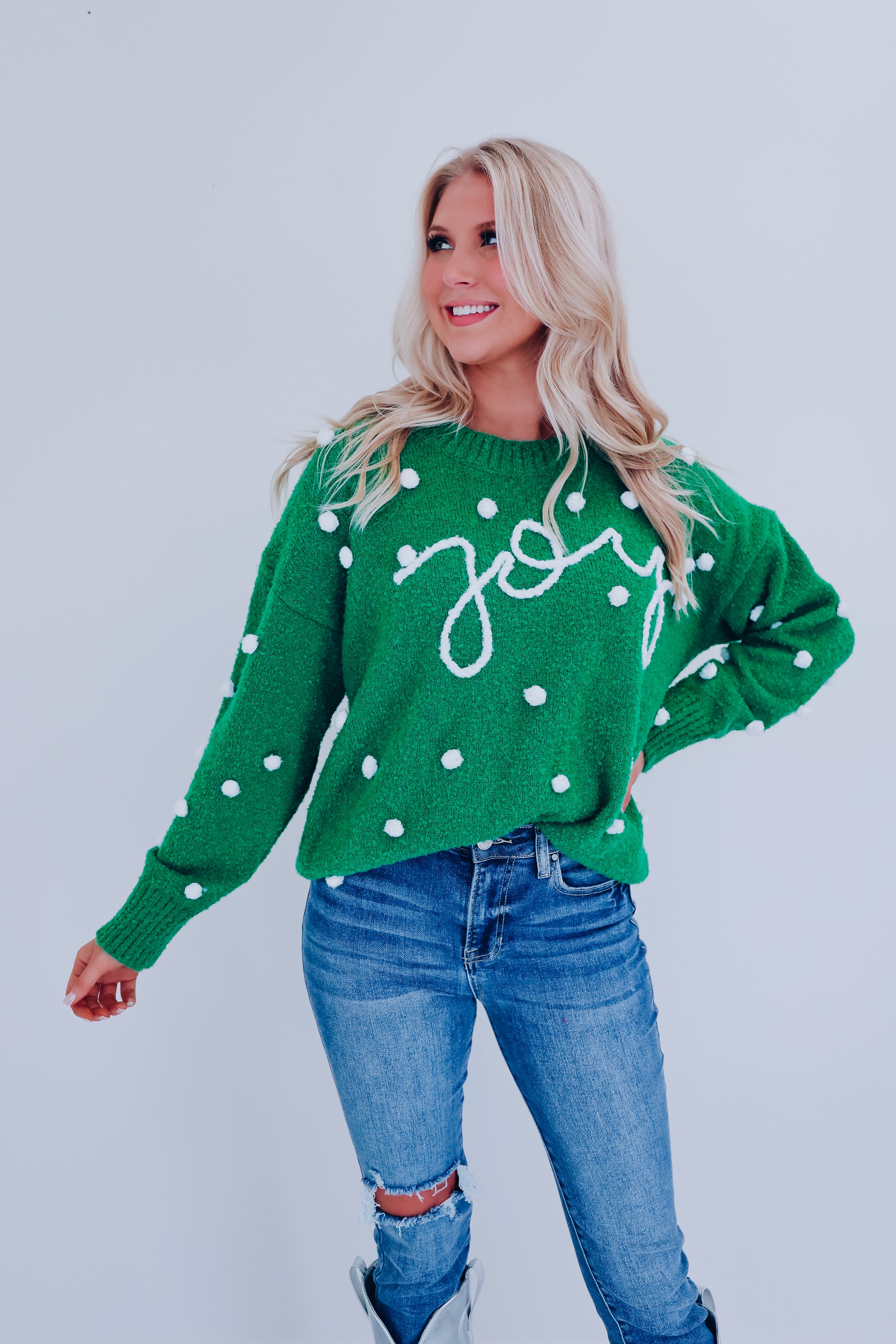 Joy Embroidered Pom Sweater - Green – Whiskey Darling Boutique