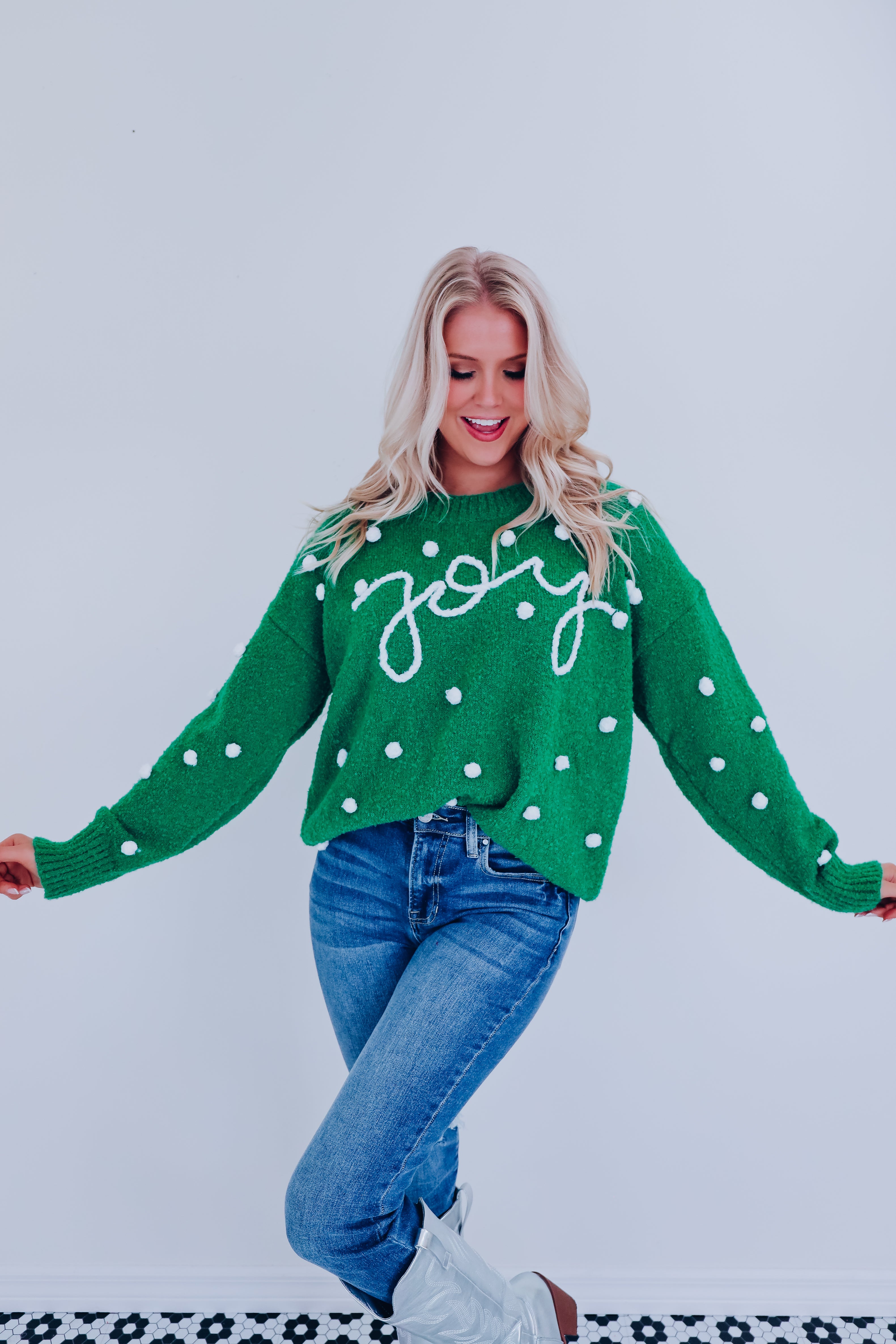 Joy Embroidered Pom Sweater - Green – Whiskey Darling Boutique