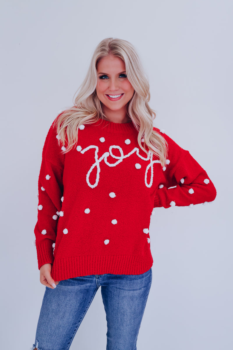Joy Embroidered Pom Sweater - Red – Whiskey Darling Boutique