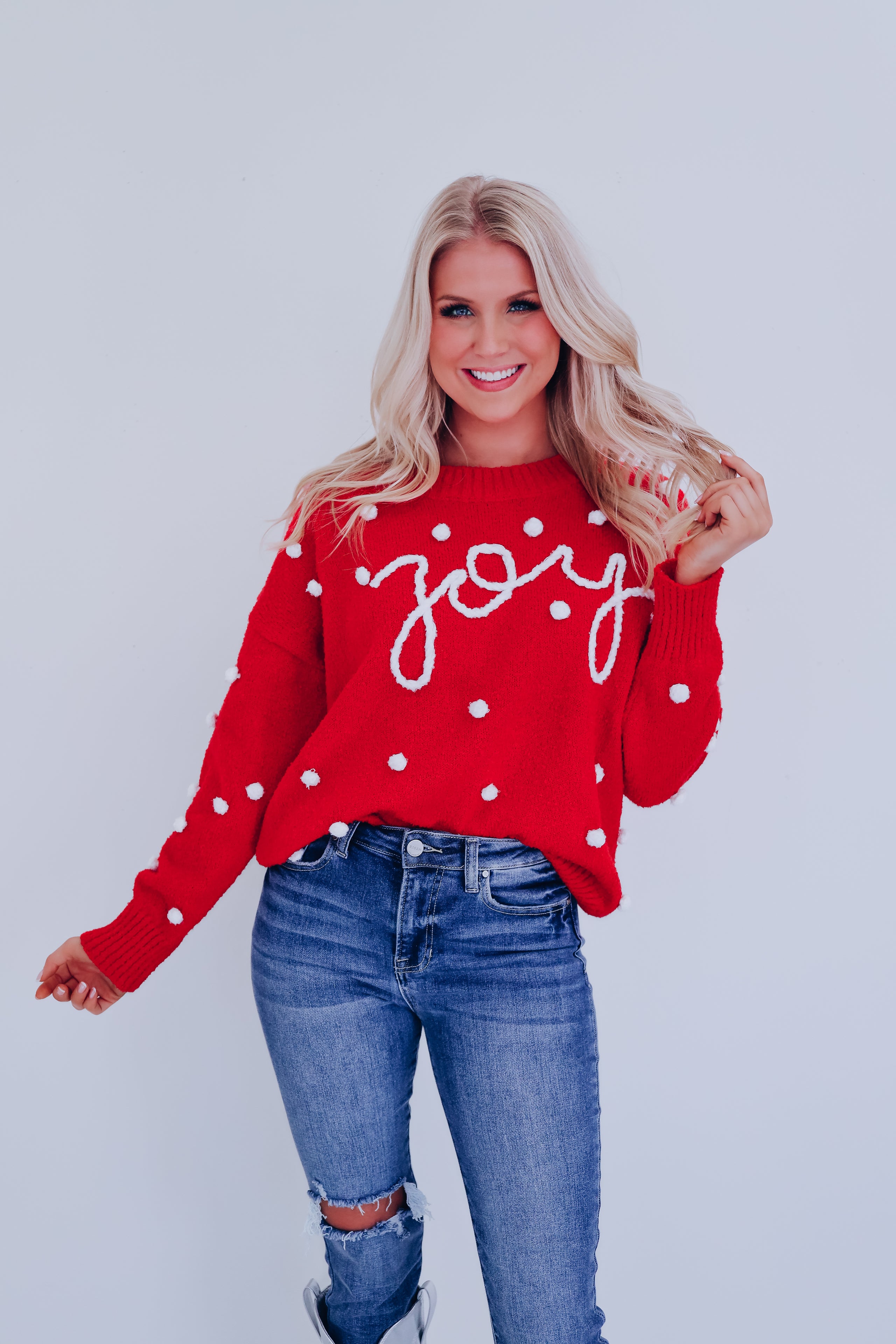 Joy Embroidered Pom Sweater - Red – Whiskey Darling Boutique