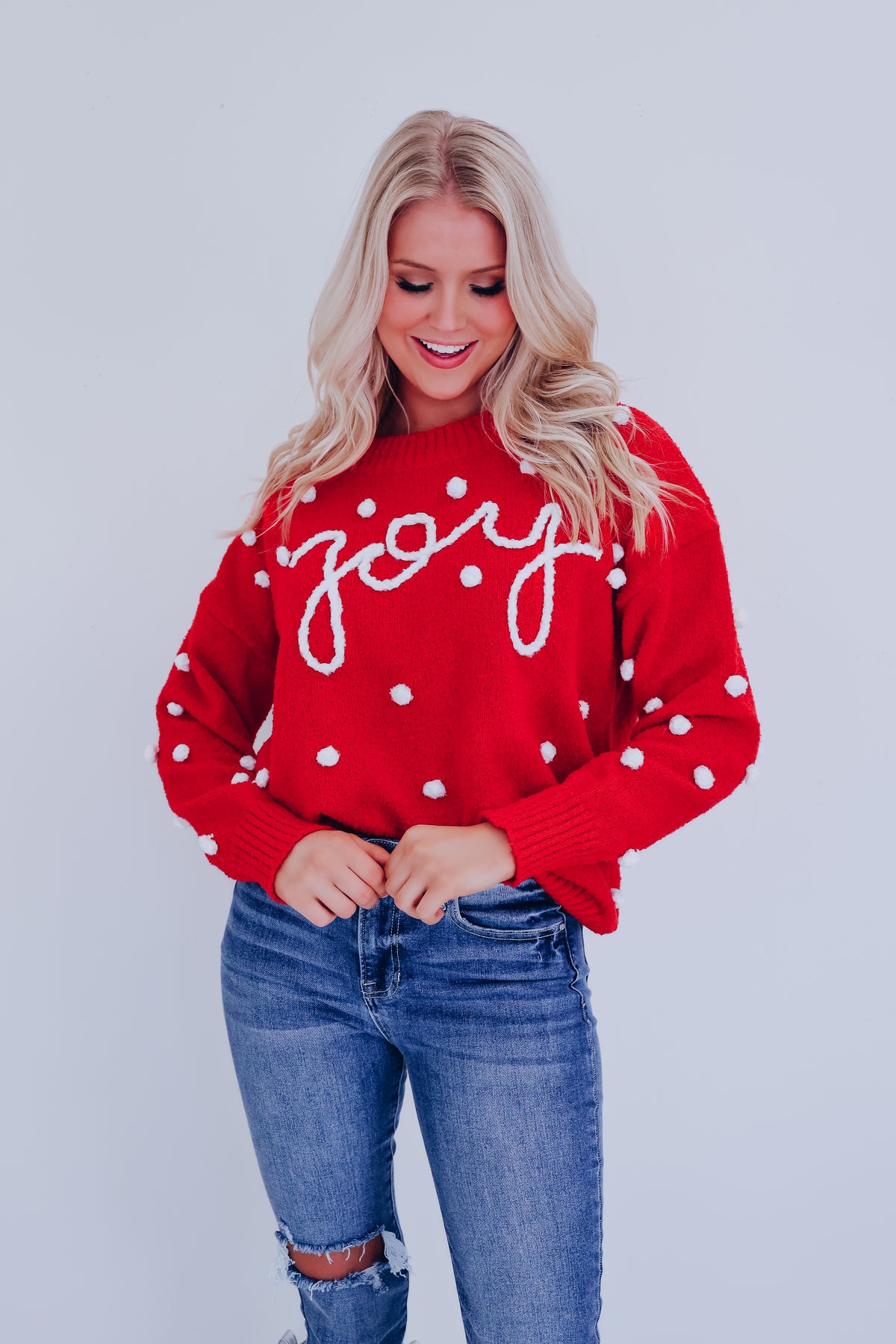 Joy Embroidered Pom Sweater - Red – Whiskey Darling Boutique