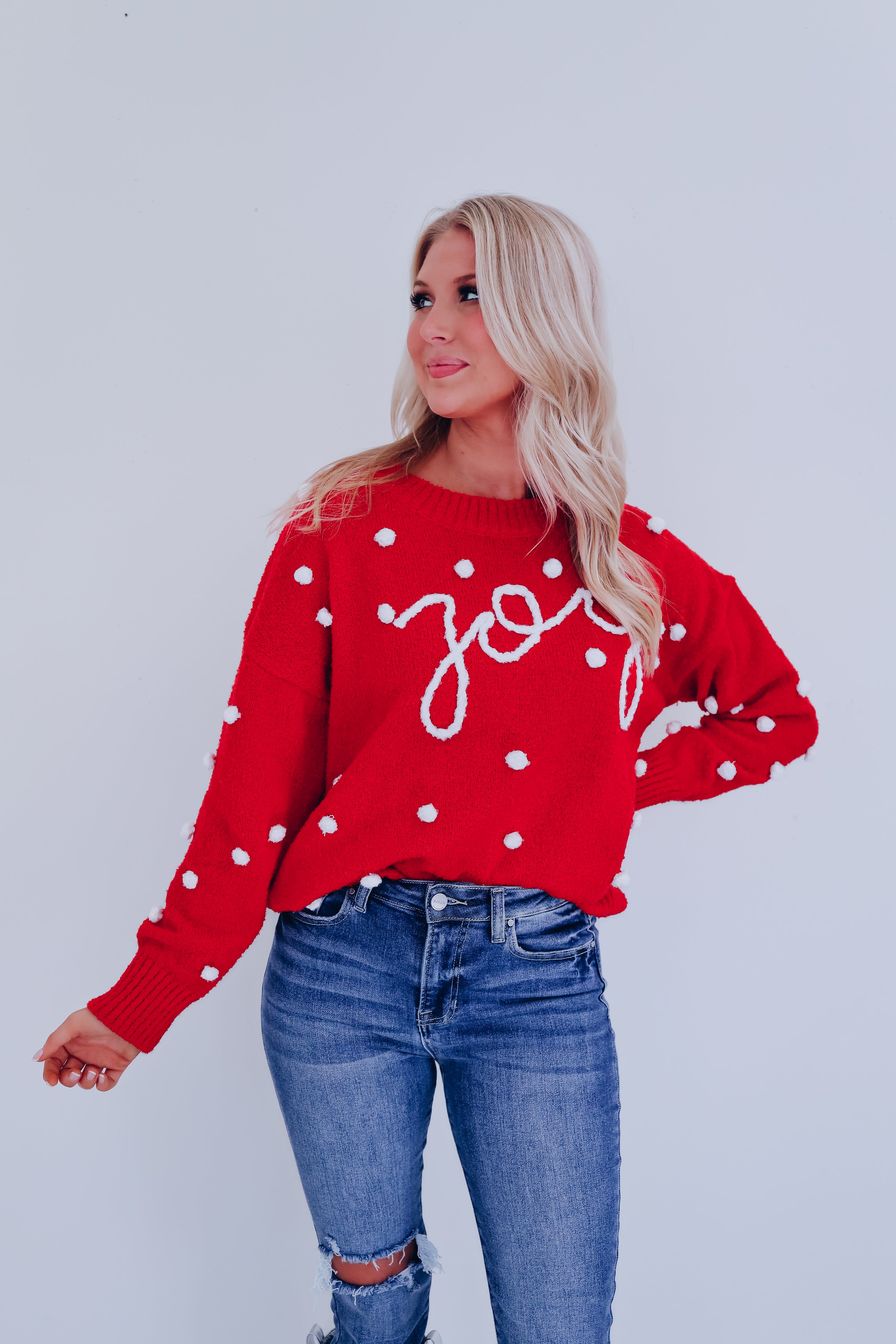 Joy Embroidered Pom Sweater - Red – Whiskey Darling Boutique