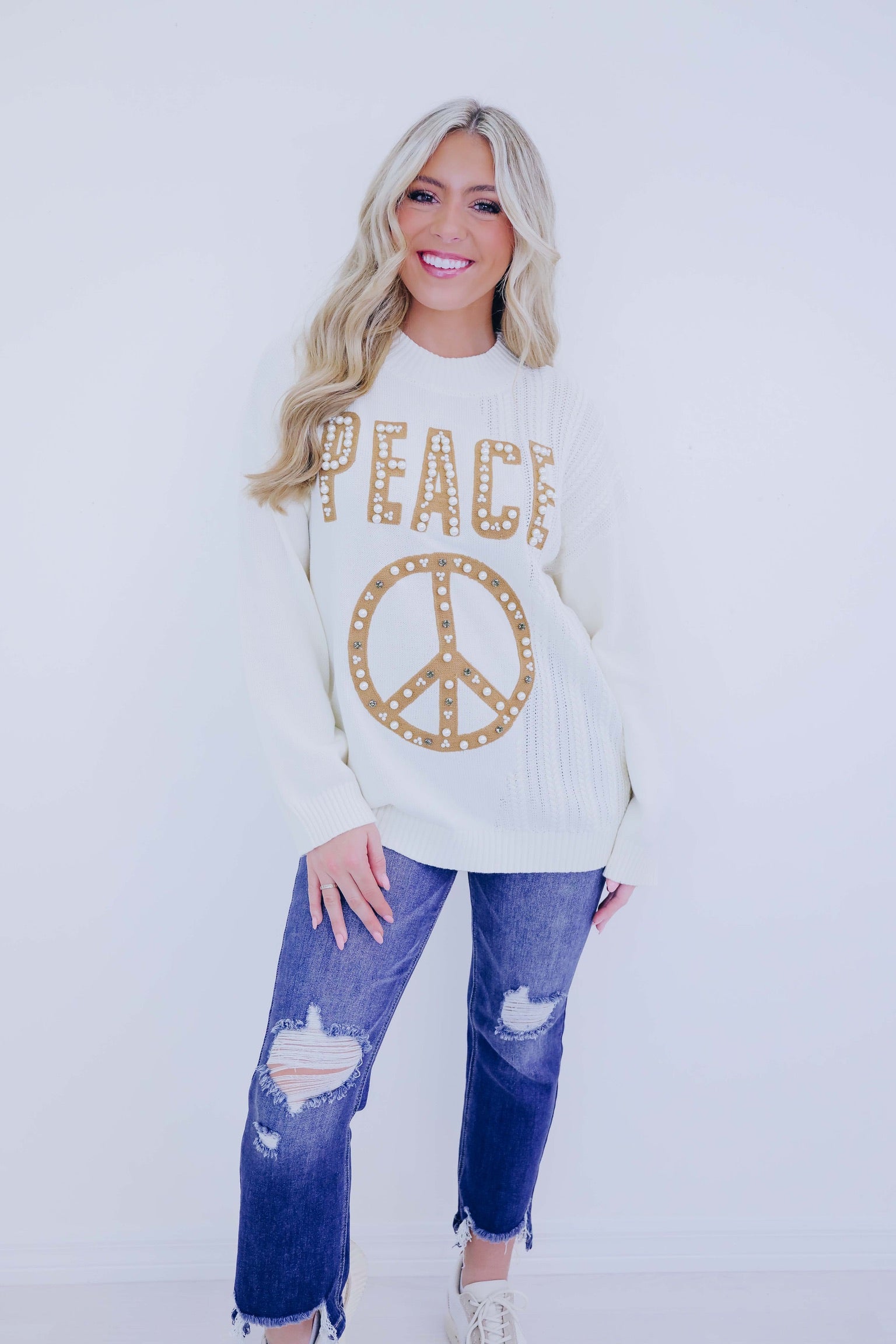 Peace N Pearls Embellished Sweater By POL – Whiskey Darling Boutique