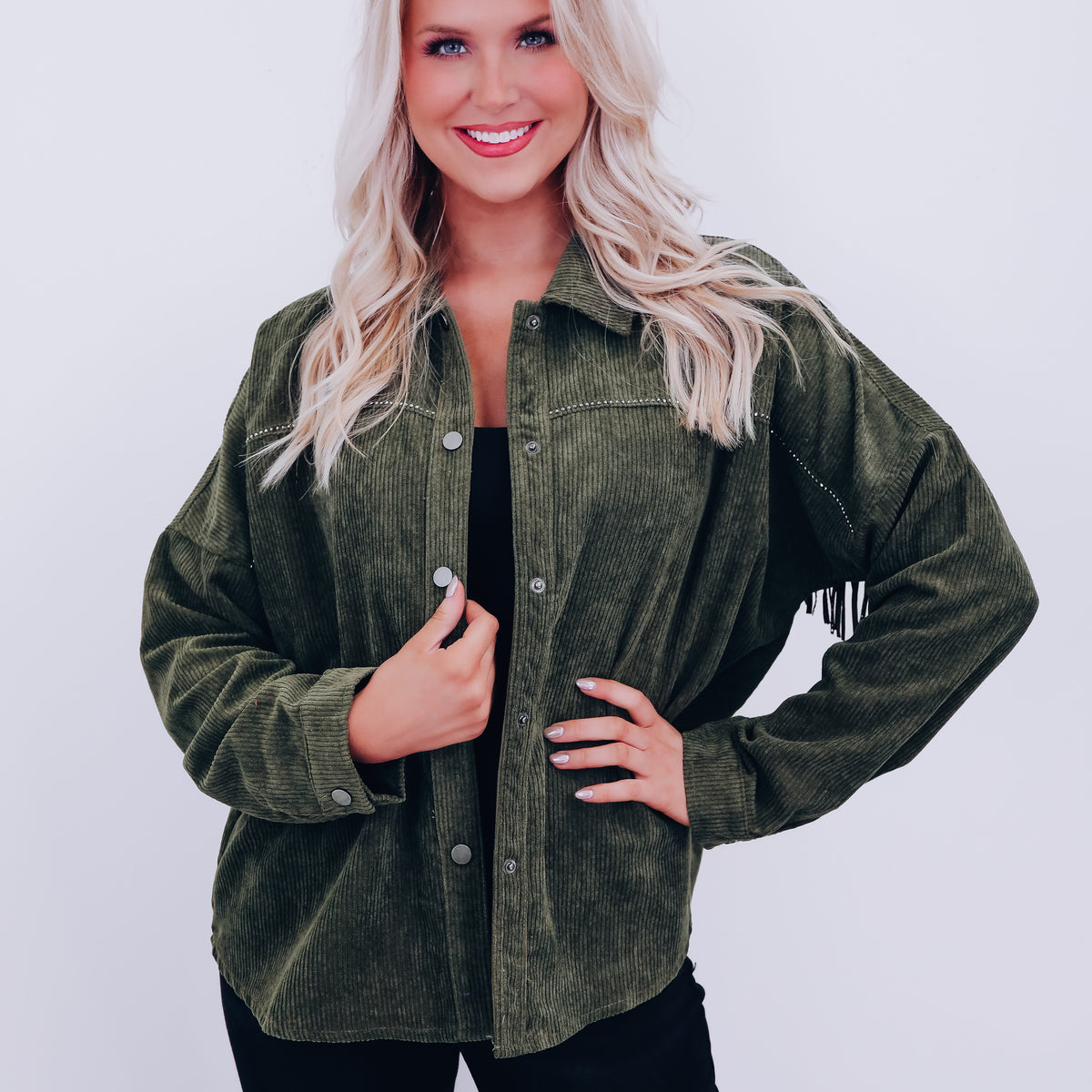 Mia Micro Corduroy Fringe Shacket - Olive – Whiskey Darling Boutique