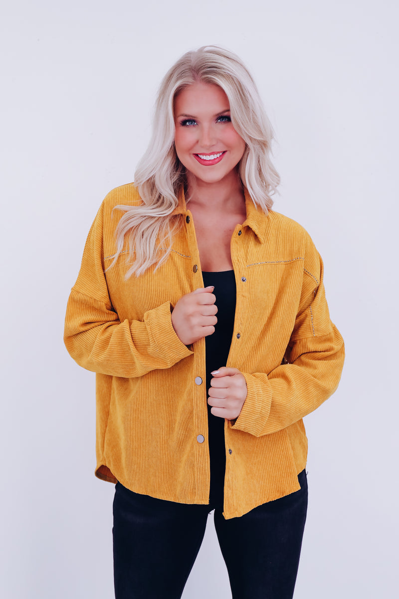 Mia Micro Corduroy Fringe Shacket - Mustard – Whiskey Darling Boutique
