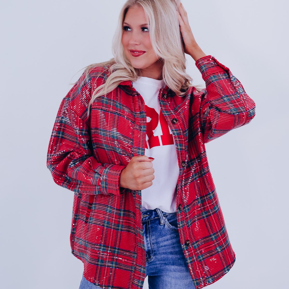 Charismatic Plaid Sequin Shacket - Red/Multi – Whiskey Darling Boutique