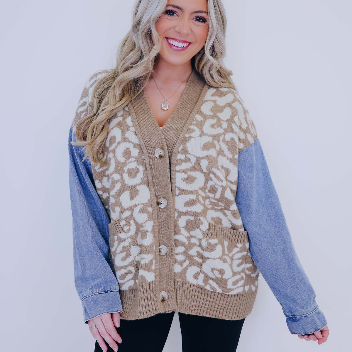***Luscious Leopard Denim Sleeve Cardigan SAMPLE – Whiskey Darling Boutique
