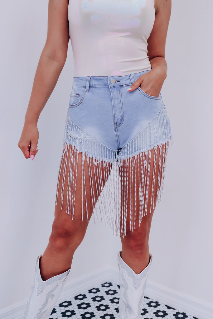Sparkling Gaze Rhinestone Fringe Denim Shorts – Whiskey Darling Boutique