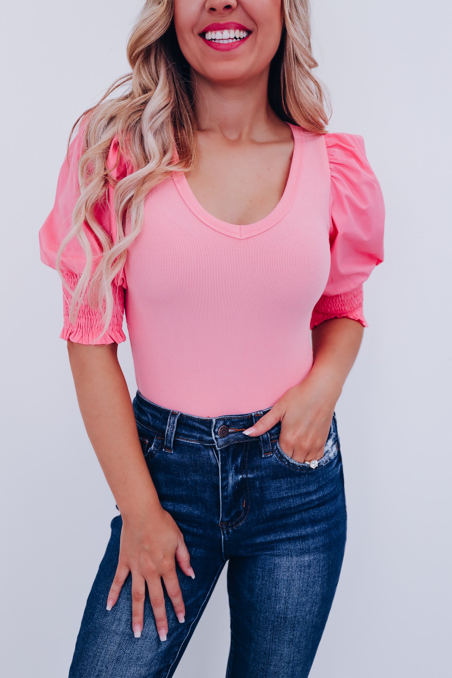 Pizzazz Puff Sleeve Bodysuit - Coral Pink – Whiskey Darling Boutique