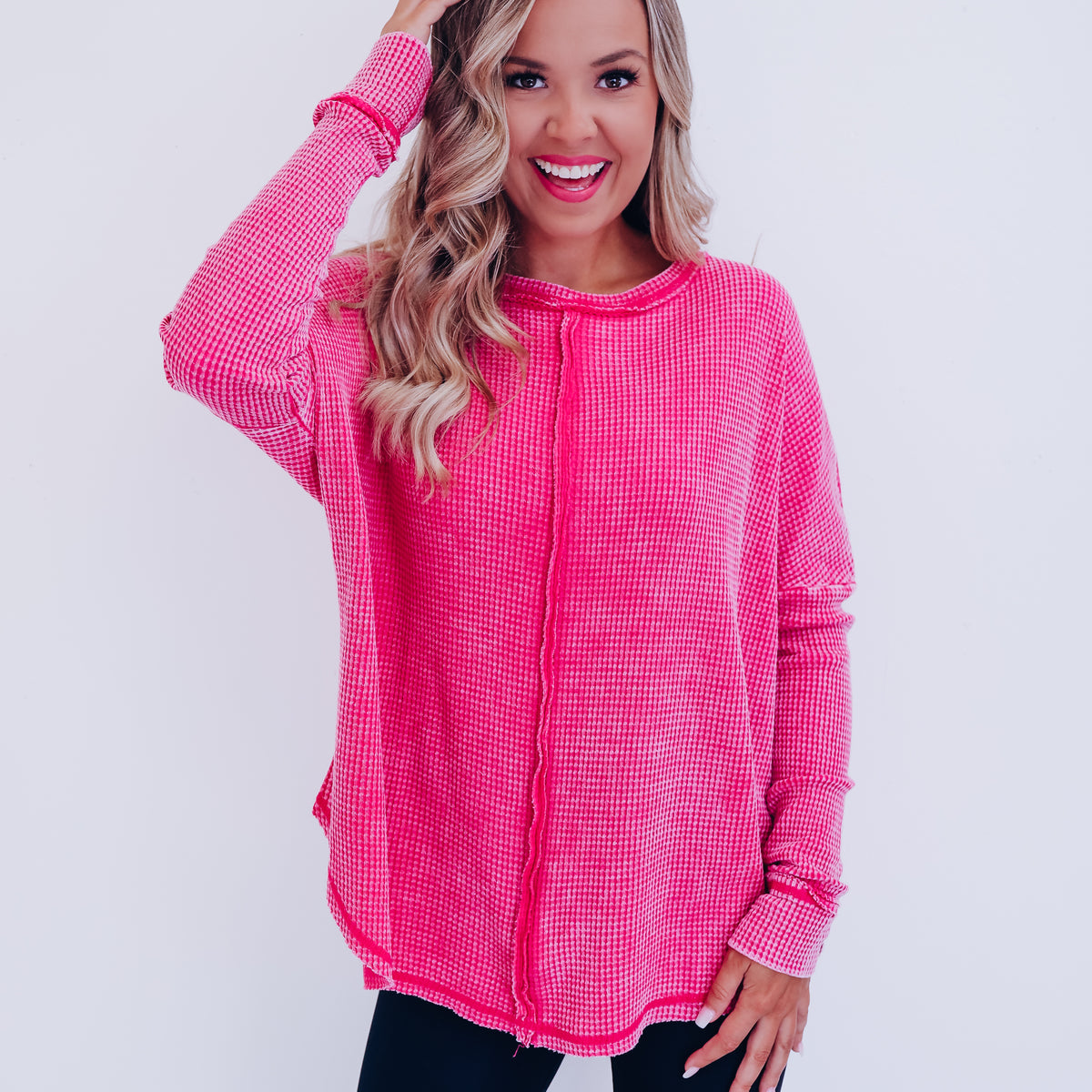 Wrenley Waffle Knit Top - Hot Pink – Whiskey Darling Boutique