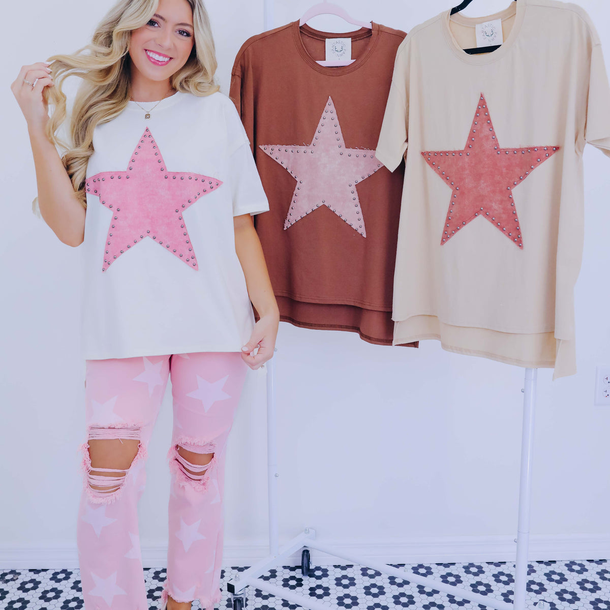 Twill Star Stud Patch Oversized Top - 3 Colors – Whiskey Darling Boutique
