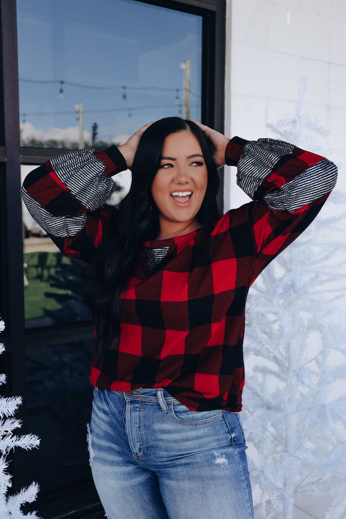 Bethany Buffalo Plaid Sequin Top- Red – Whiskey Darling Boutique
