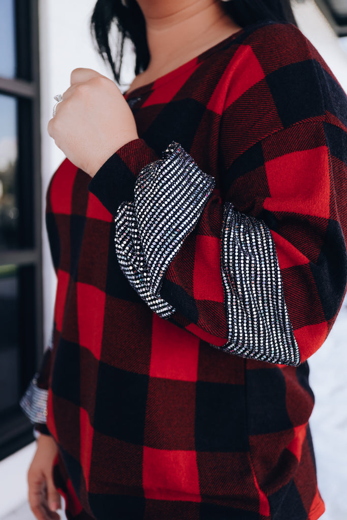 Bethany Buffalo Plaid Sequin Top- Red – Whiskey Darling Boutique