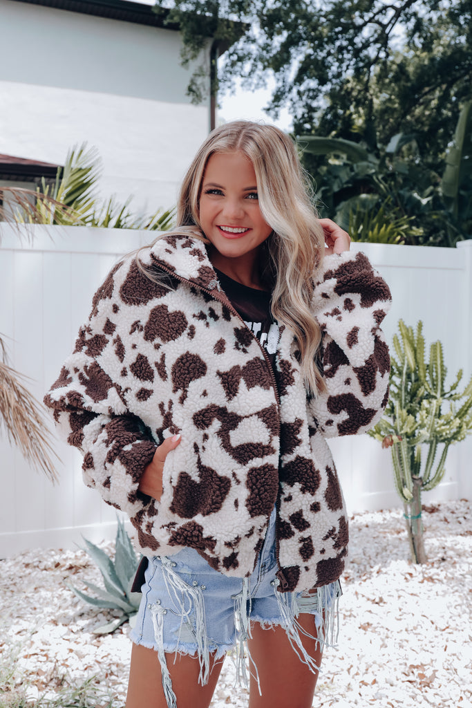 Cow Print Sherpa Jacket - Cream – Whiskey Darling Boutique