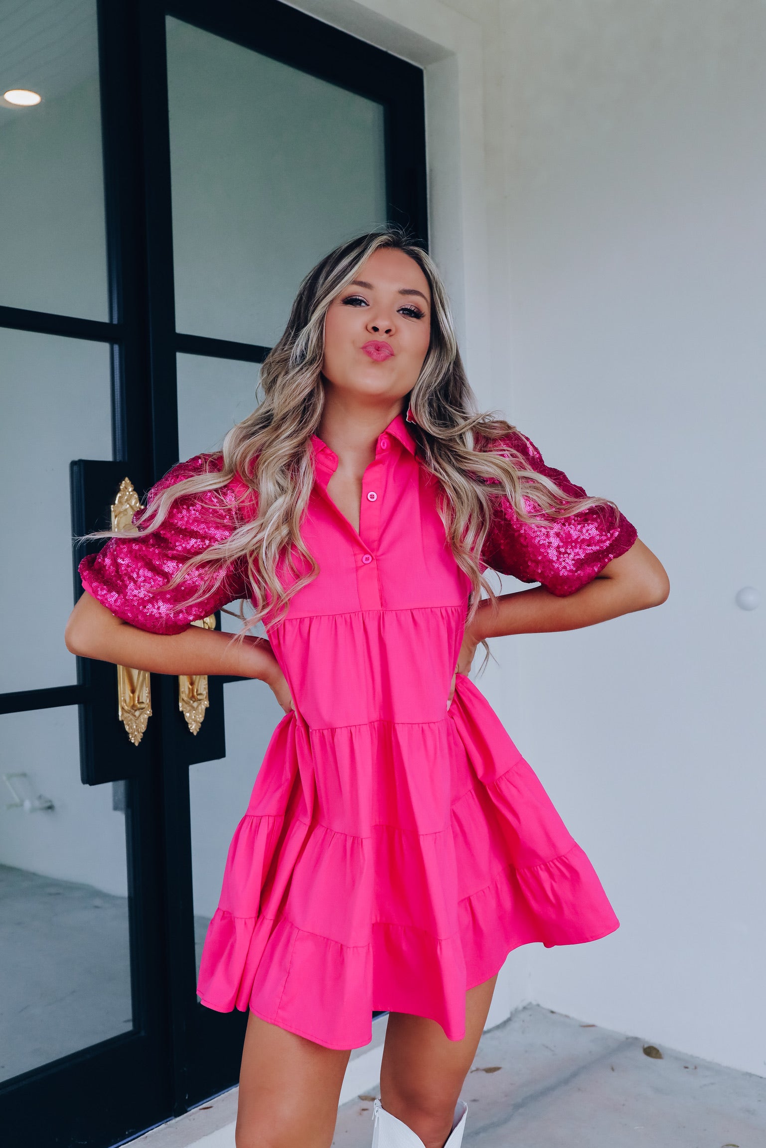 Country Girl Sequin Puff Sleeve Dress - Pink – Whiskey Darling Boutique