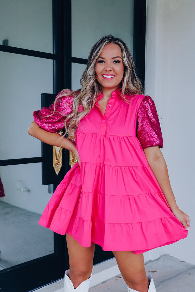 Country Girl Sequin Puff Sleeve Dress - Pink – Whiskey Darling Boutique